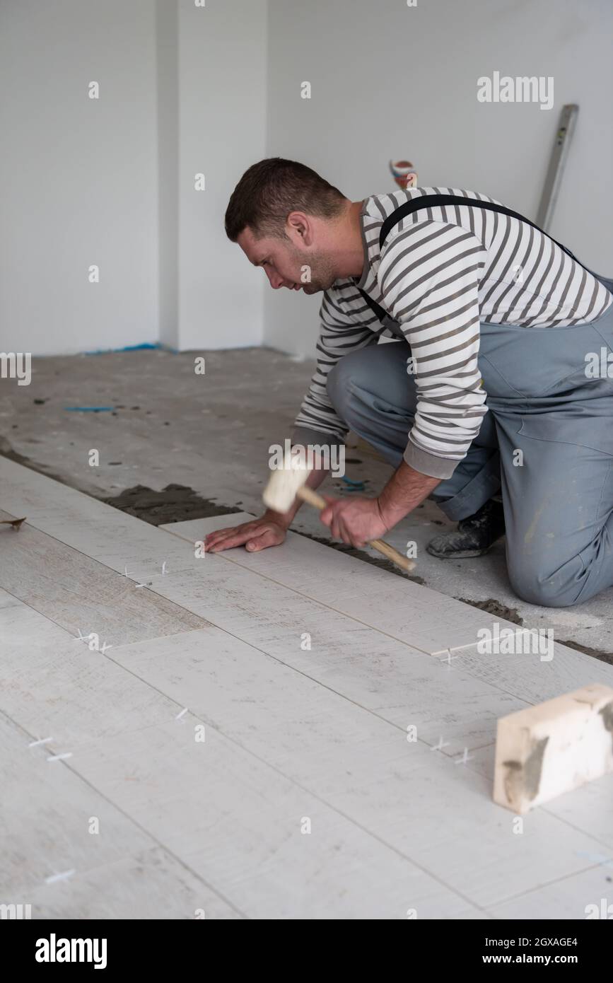 skilled worker installing the ceramic wood effect tiles on the floor ...