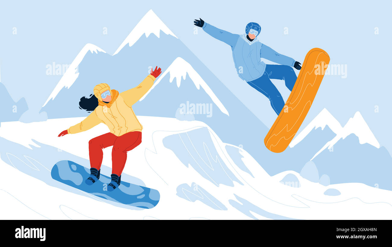 Snowboarding Sport People On Snowy Mountain Vector Stock Vector Image ...