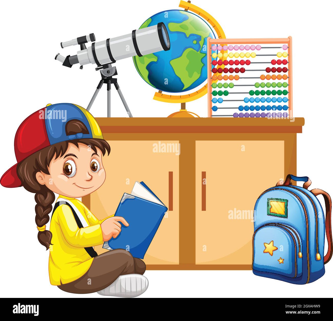 Scene with girl reading book on white background Stock Vector Image ...