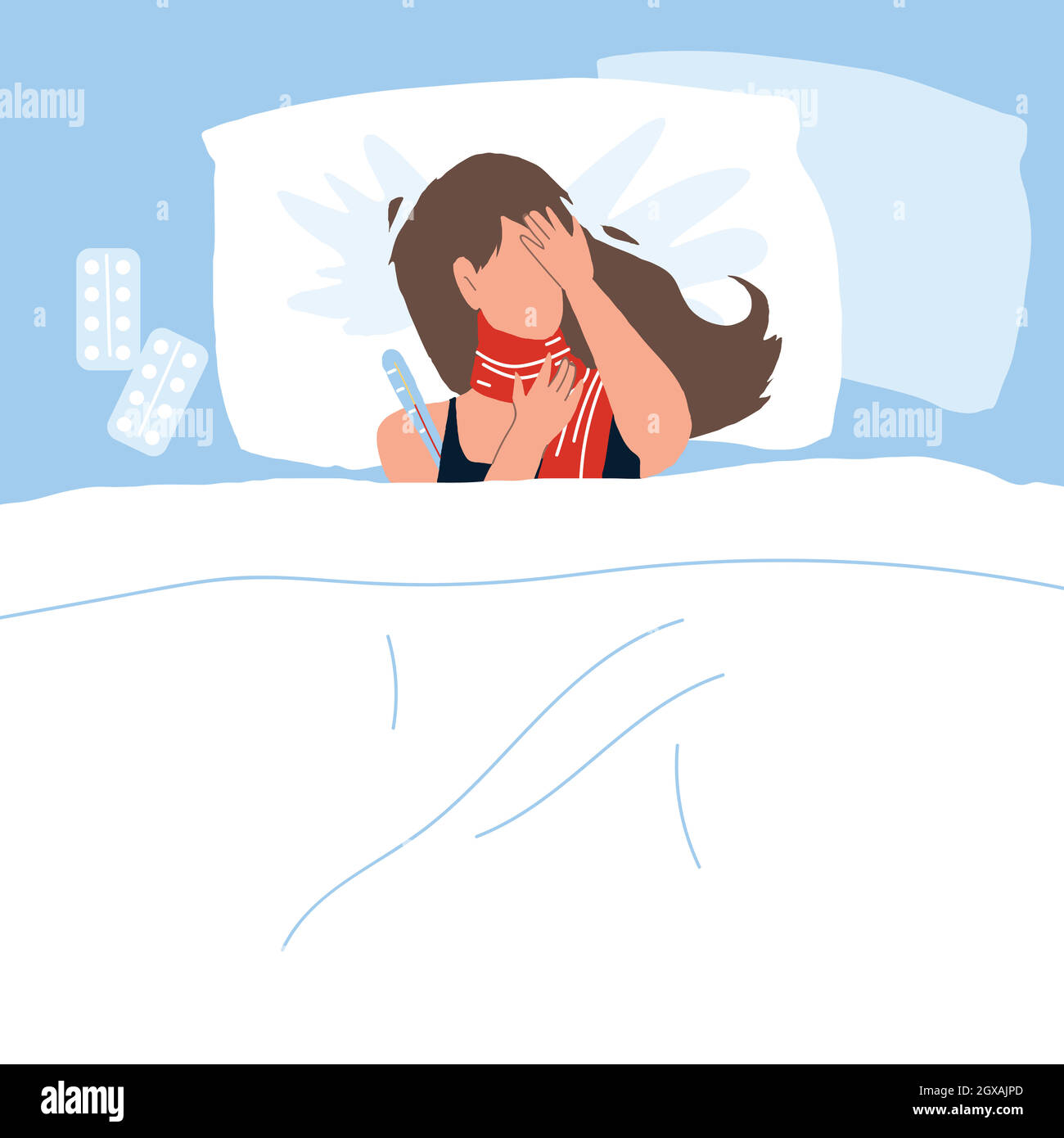 Infected Sick Woman Lying In Bed With Fever Vector Stock Vector Image ...