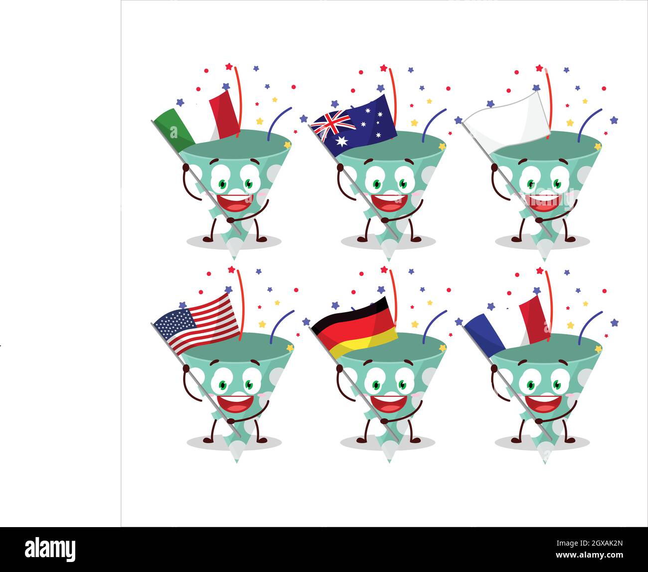 Green party popper with confetti cartoon character bring the flags of ...