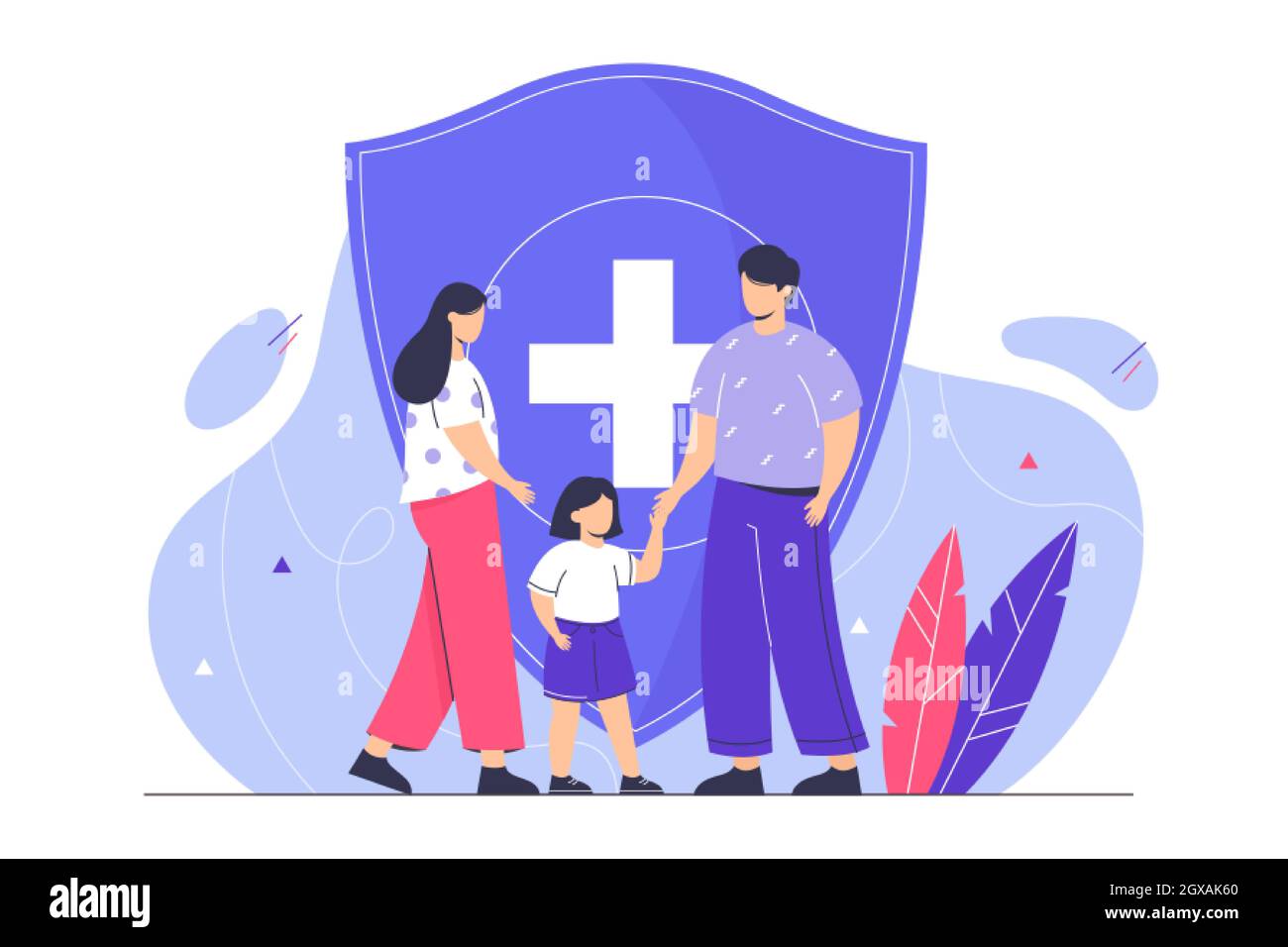 Family life insurance. Young couple with kid protecting health with ...