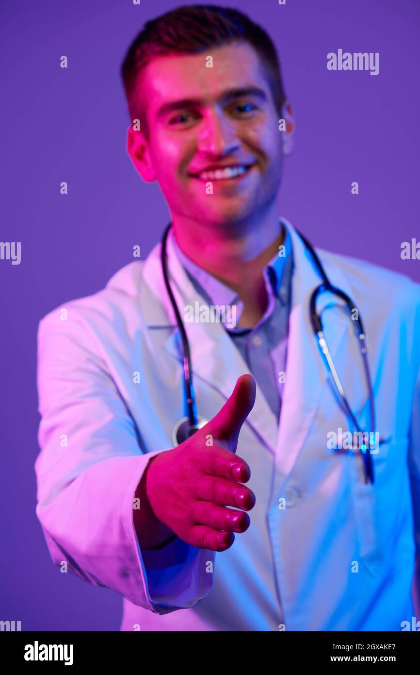 doctor handshake friendly male doctor with open hand ready for hugging ...