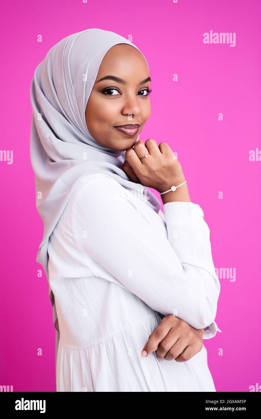 portrait of young modern muslim afro beauty wearing traditional islamic ...