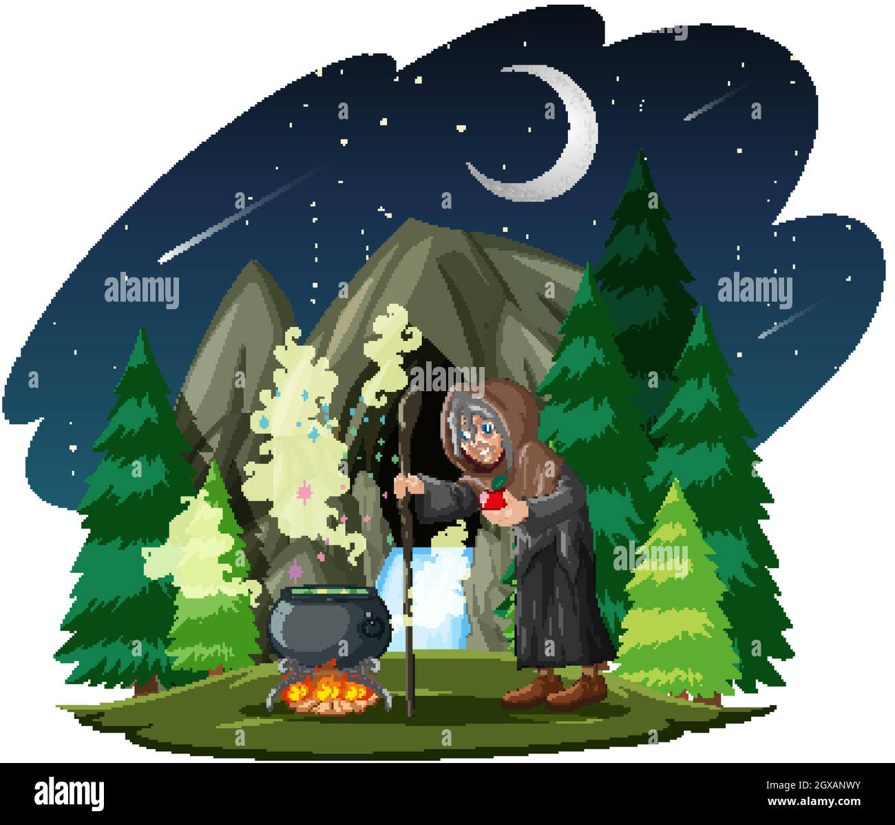 Wizard or witch with magic pot on dark forest isolated on white ...