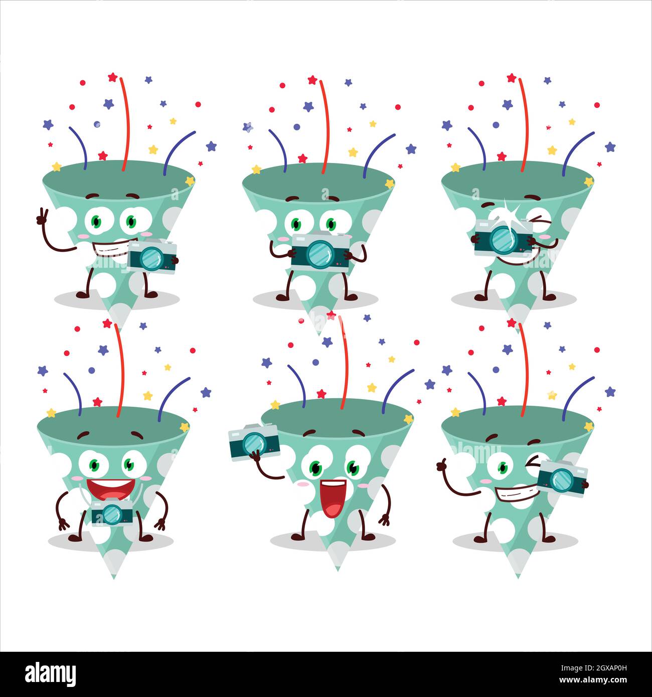 Photographer profession emoticon with green party popper with confetti ...