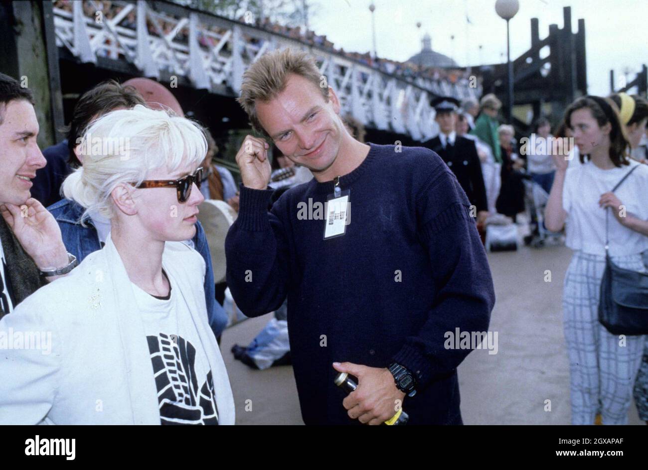 Sting and Paula Yates backstage at the Live Aid charity concert held at ...