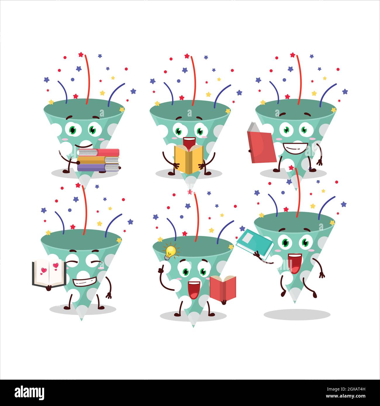 A picture of green party popper with confetti cartoon character concept ...