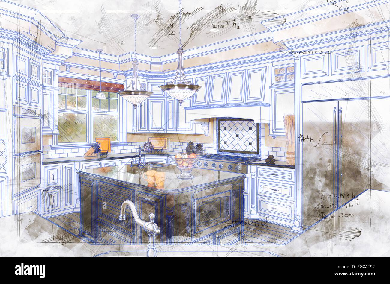 Beautiful Custom Kitchen Design Drawing Illustration Details Stock ...