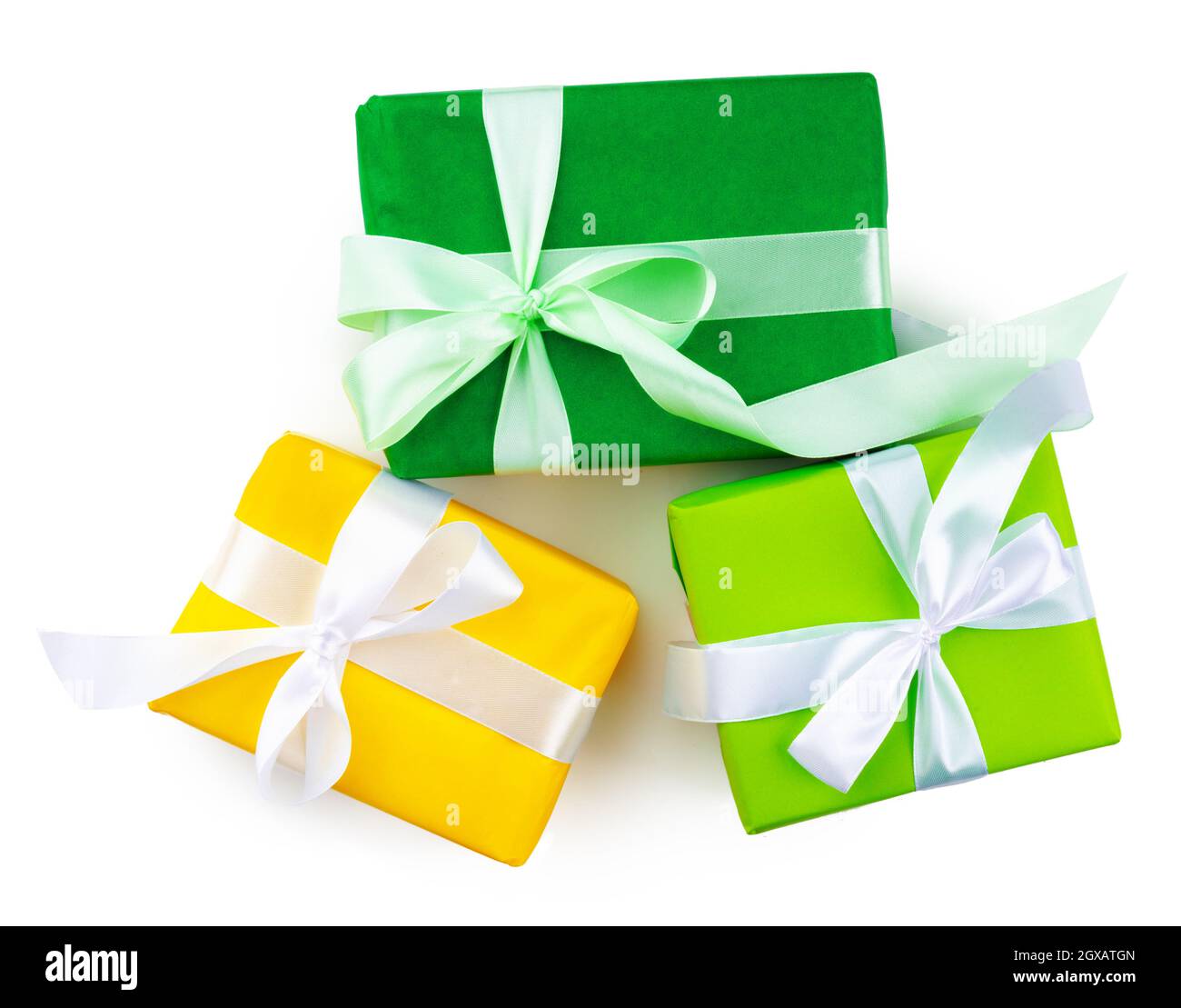 Top view of three beautiful gifts isolated on white background Stock ...