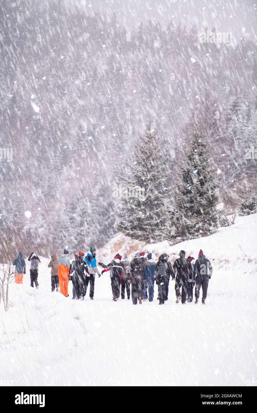 group of young business people walking through beautiful winter ...