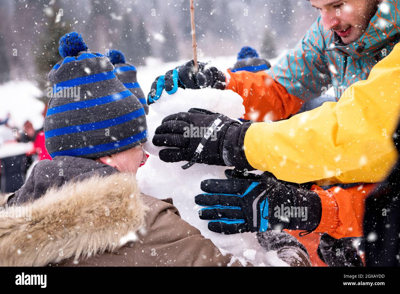 group of young happy business people having a competition in making ...