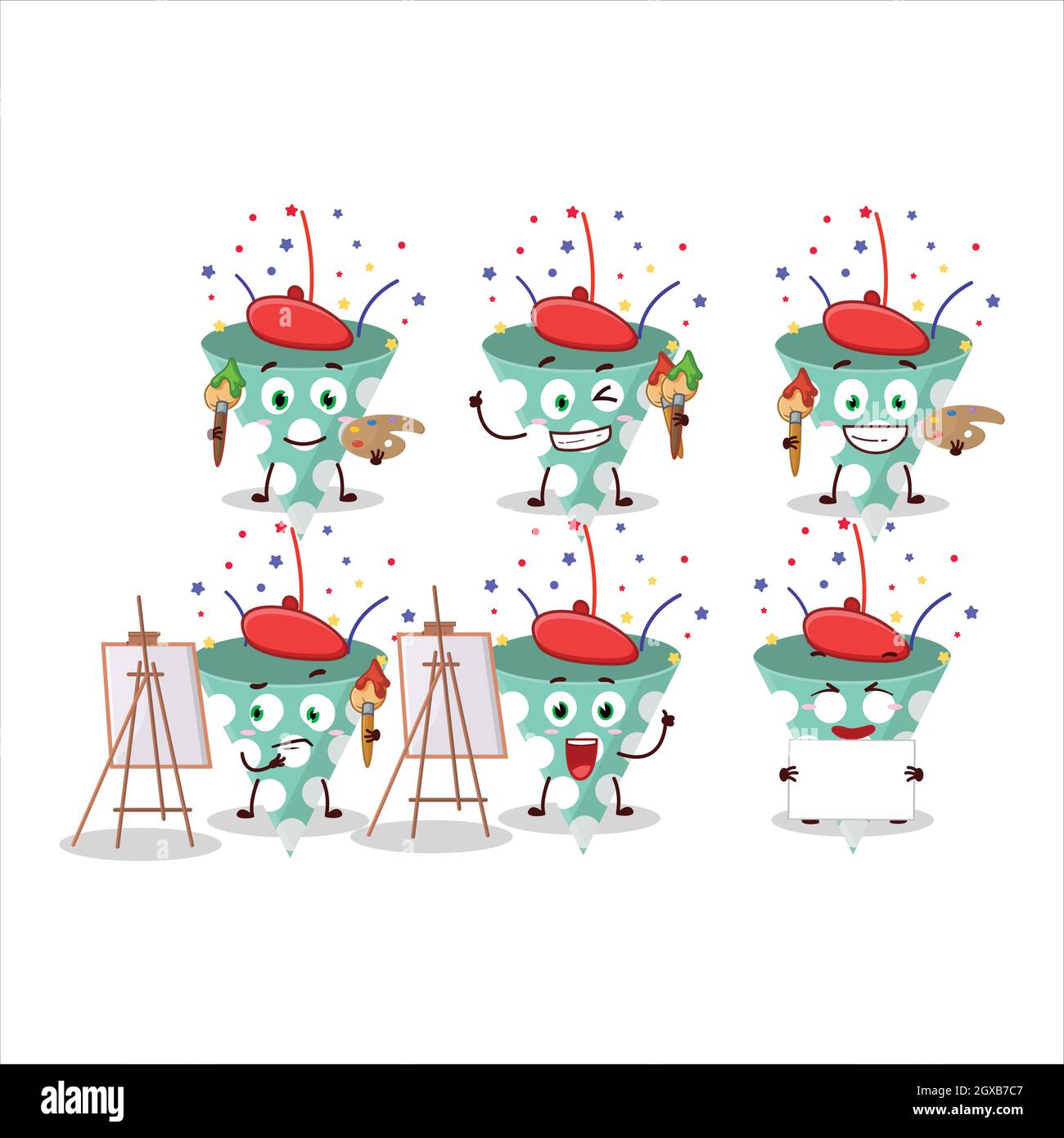 Artistic Artist of green party popper with confetti cartoon character ...