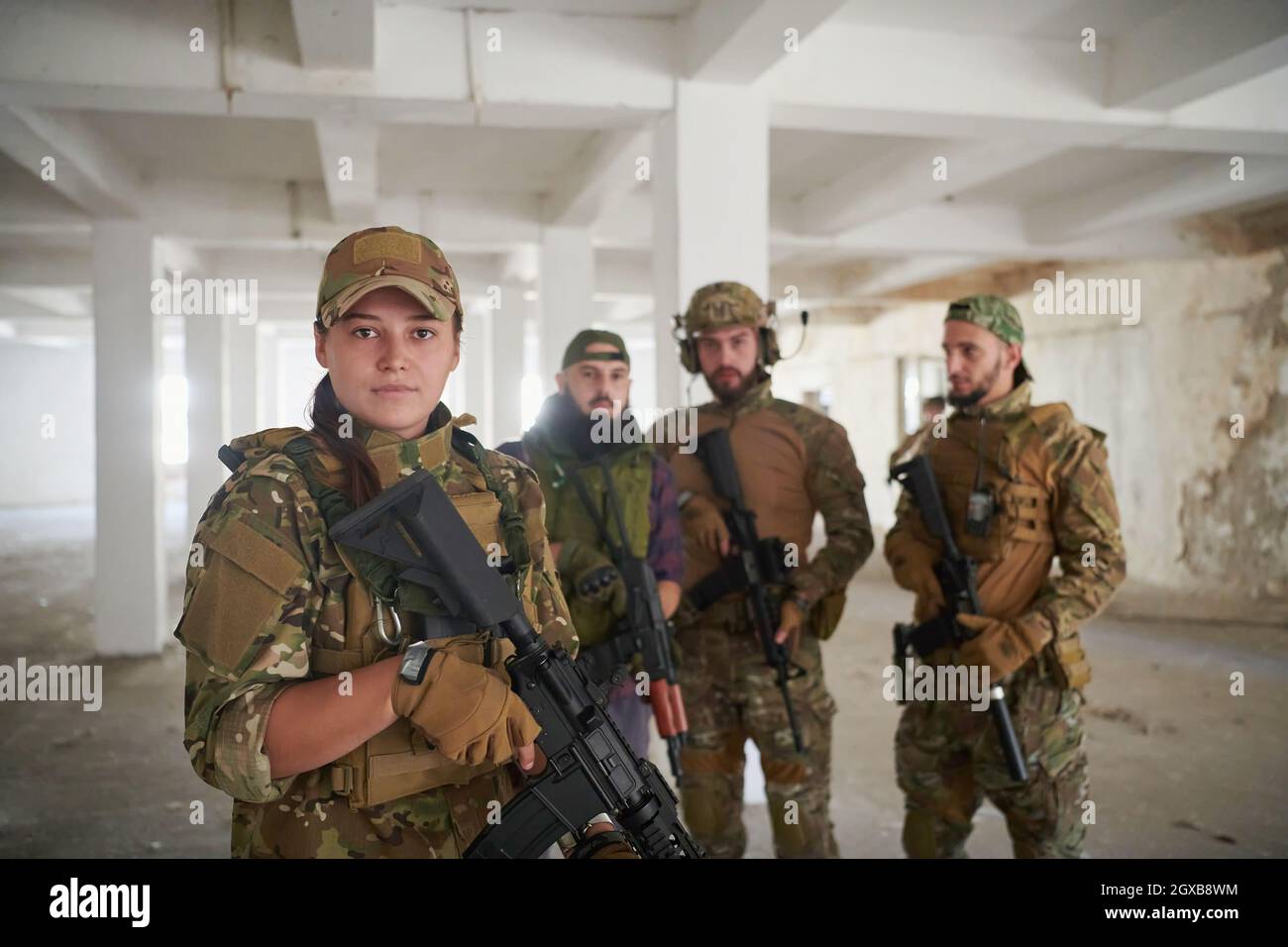 soldier squad team portrait in urban environment relaxed after action ...