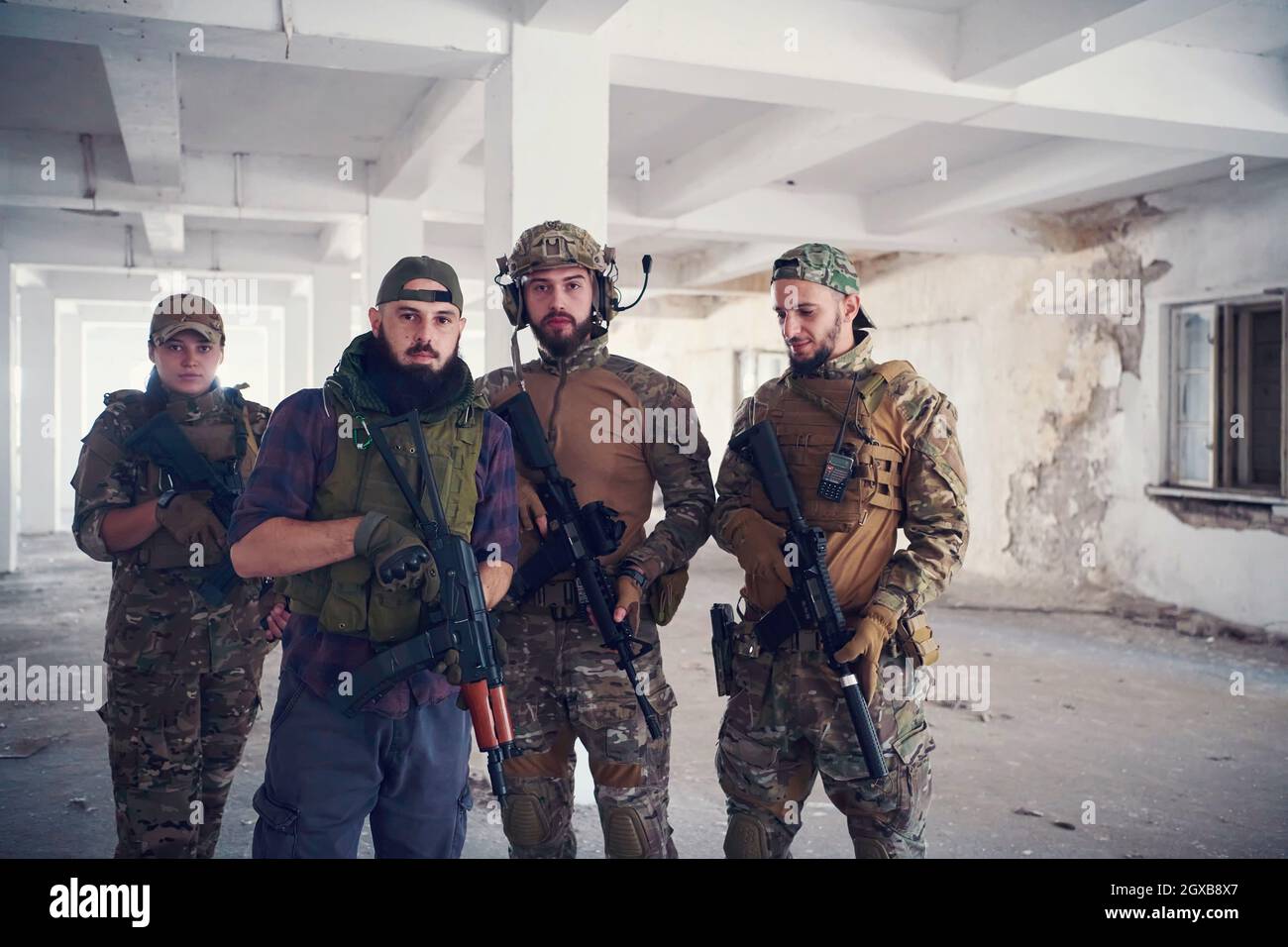 soldier squad team portrait in urban environment relaxed after action ...