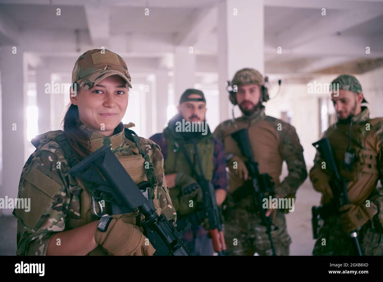 soldier squad team portrait in urban environment relaxed after action ...