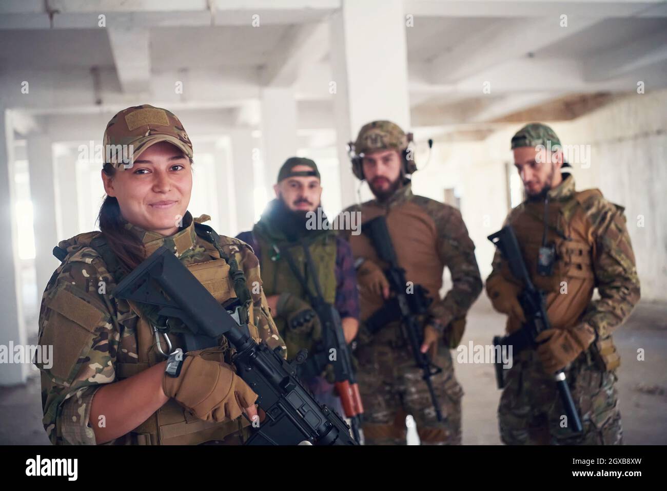 soldier squad team portrait in urban environment relaxed after action ...