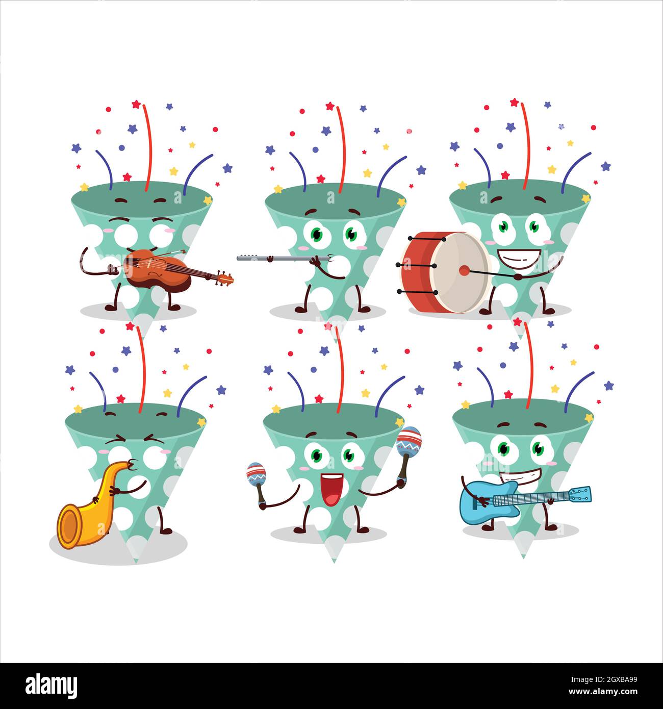 Cartoon character of green party popper with confetti playing some ...
