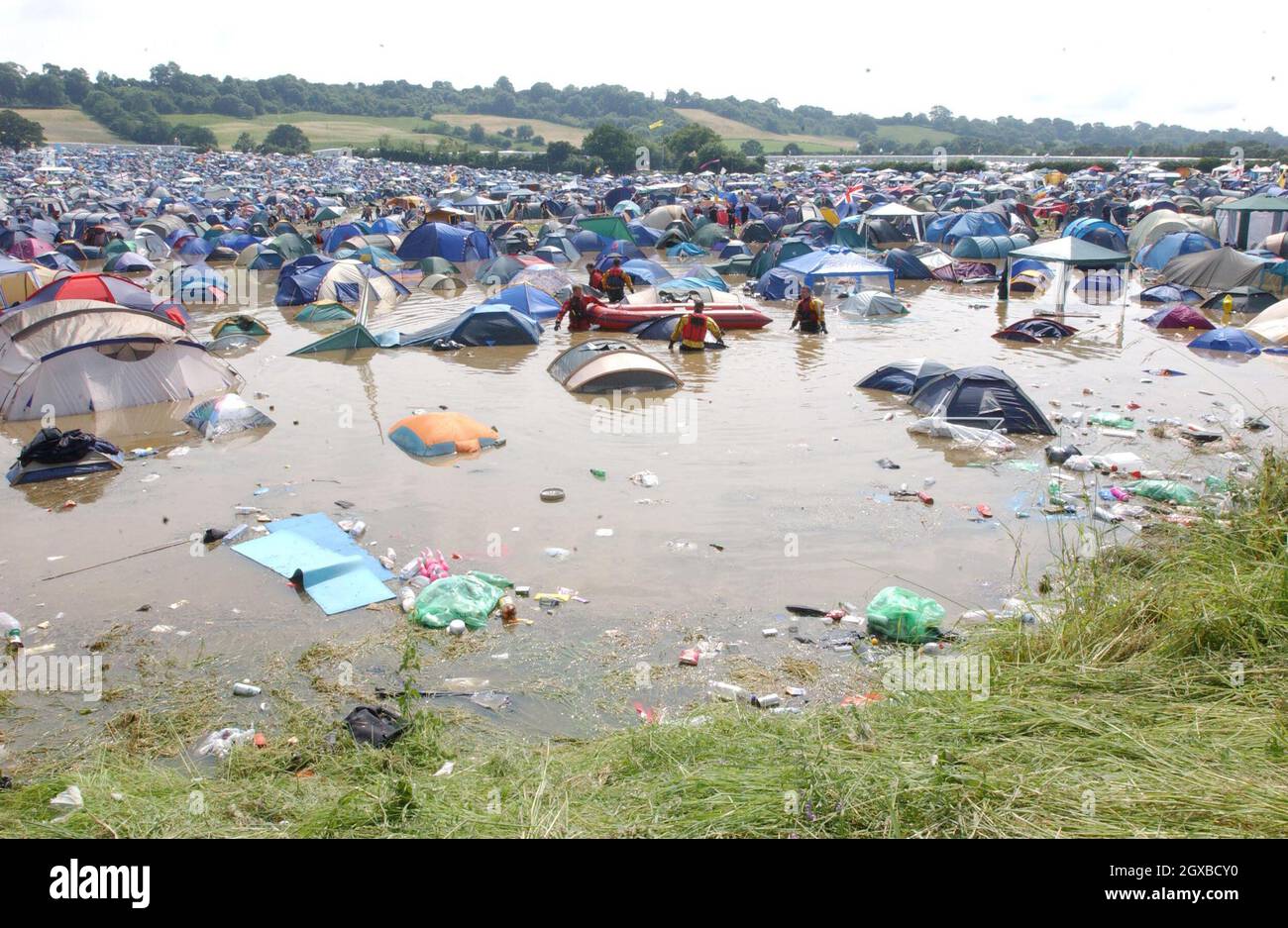 Flooded tent area at the 2005 Glastonbury Festival. Torrential rain ...