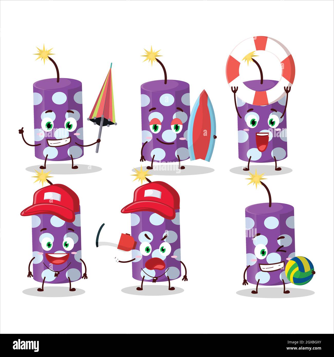Happy Face purple firecracker cartoon character playing on a beach ...