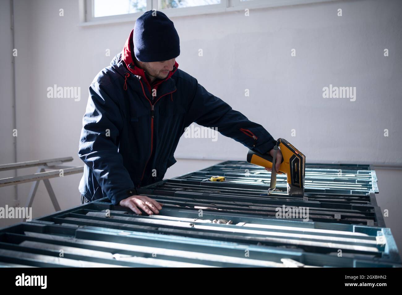 geological gold core samples with team of mining workers measuring ...