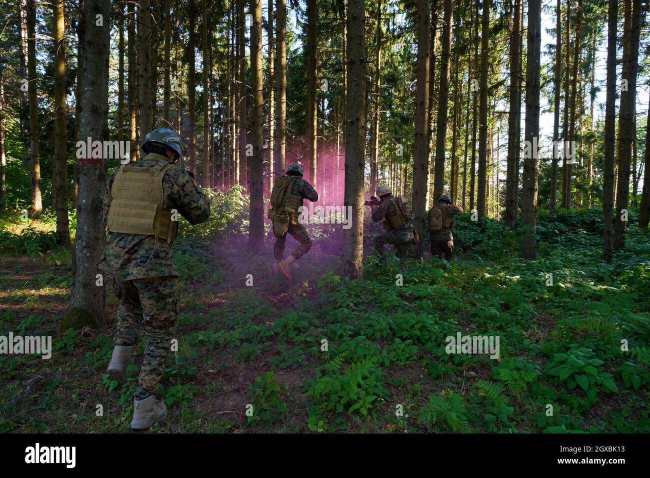 Modern warfare Soldiers Squad Running as Team in Battle Formation Stock ...