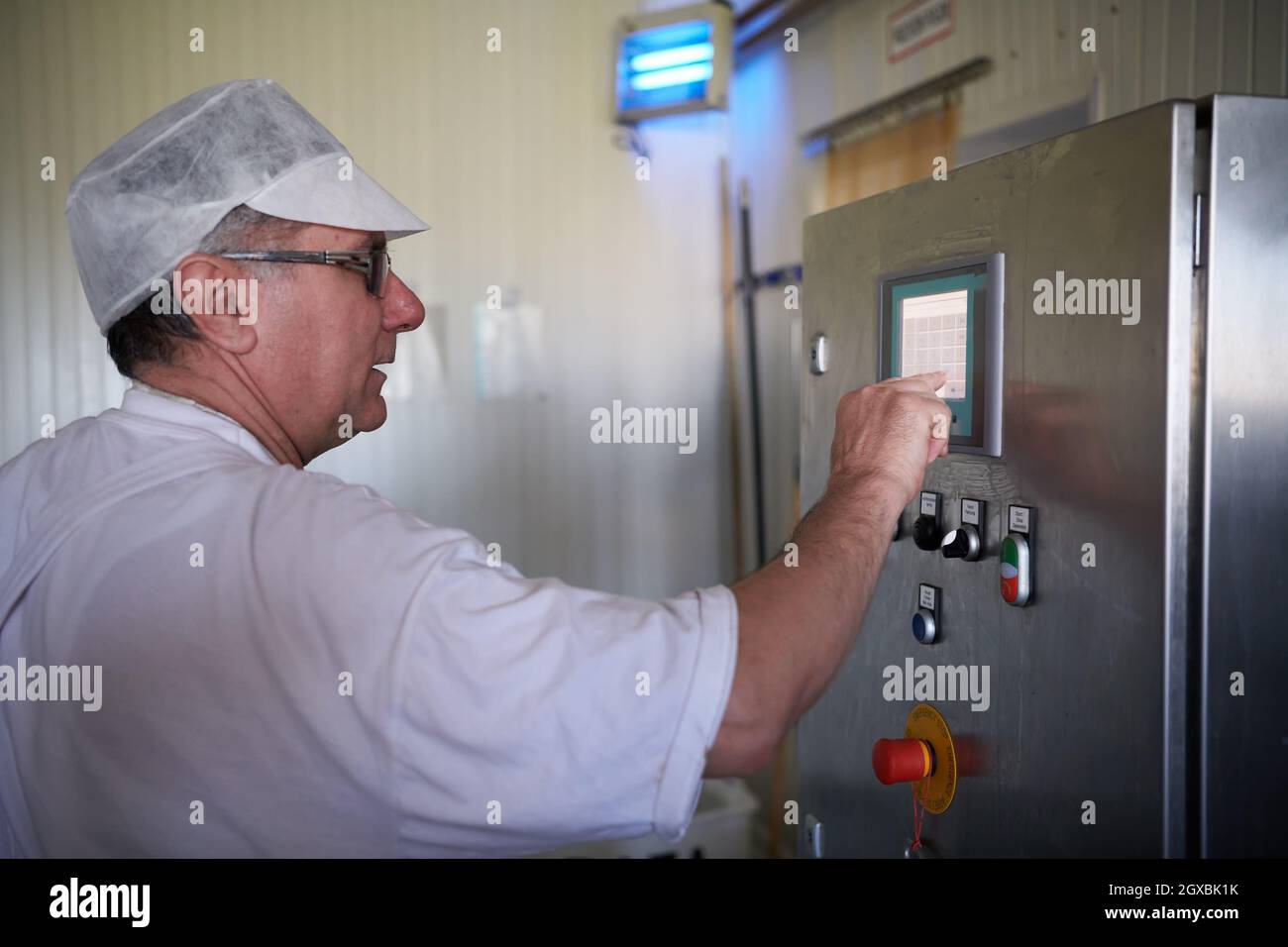 Cheese production male cheesemaker employee working in factory Stock ...