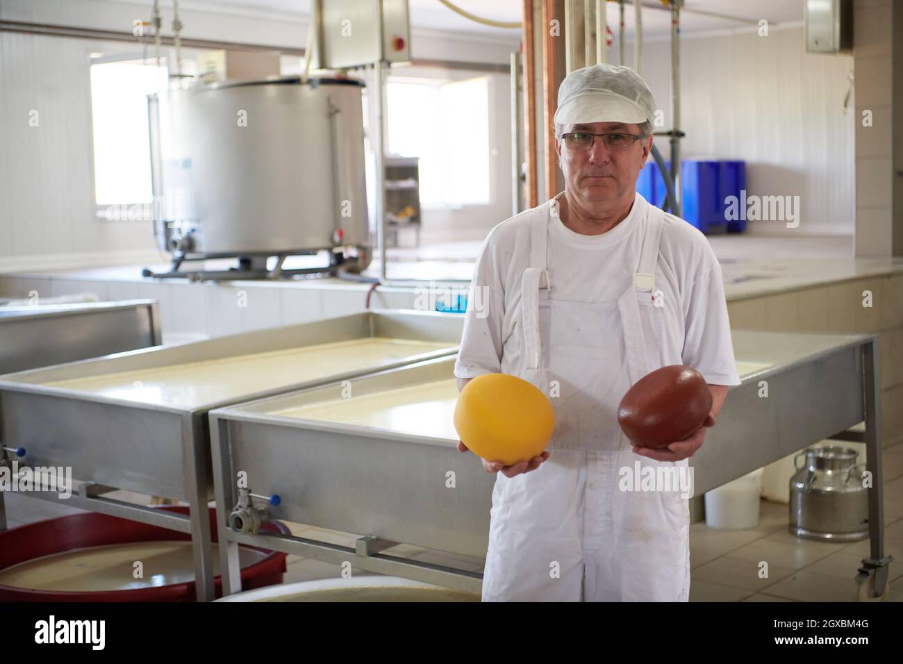 Cheese production male cheesemaker employee working in factory Stock ...