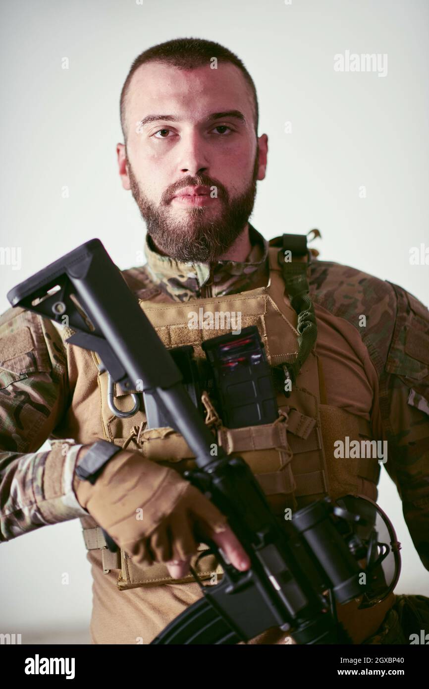 modern warfare soldier portrait as a hero in urban environment Stock ...