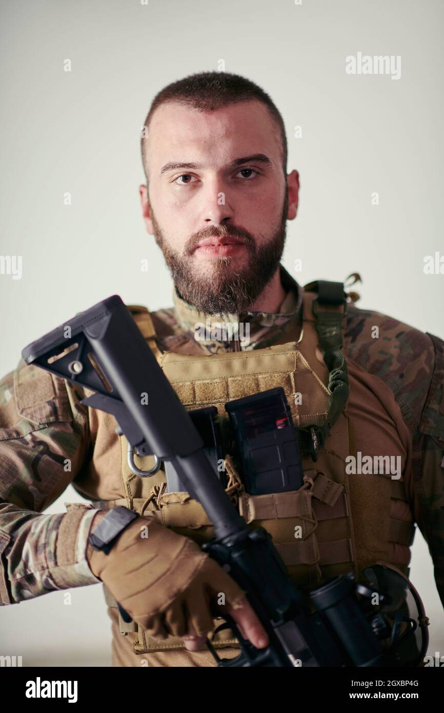 modern warfare soldier portrait as a hero in urban environment Stock ...