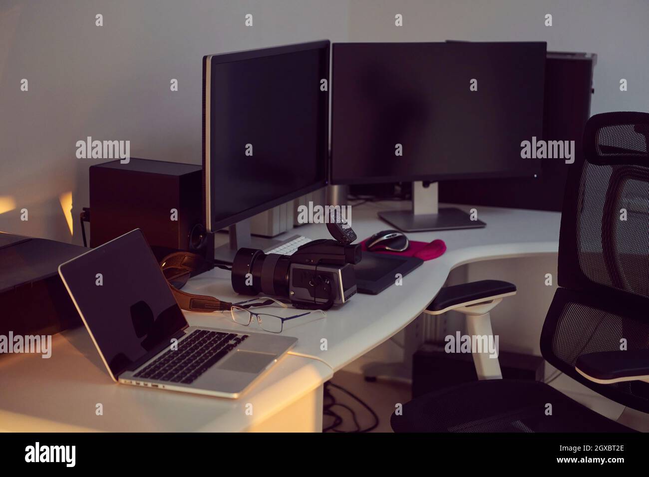 home office photographer workplace with workstation computer and dual ...