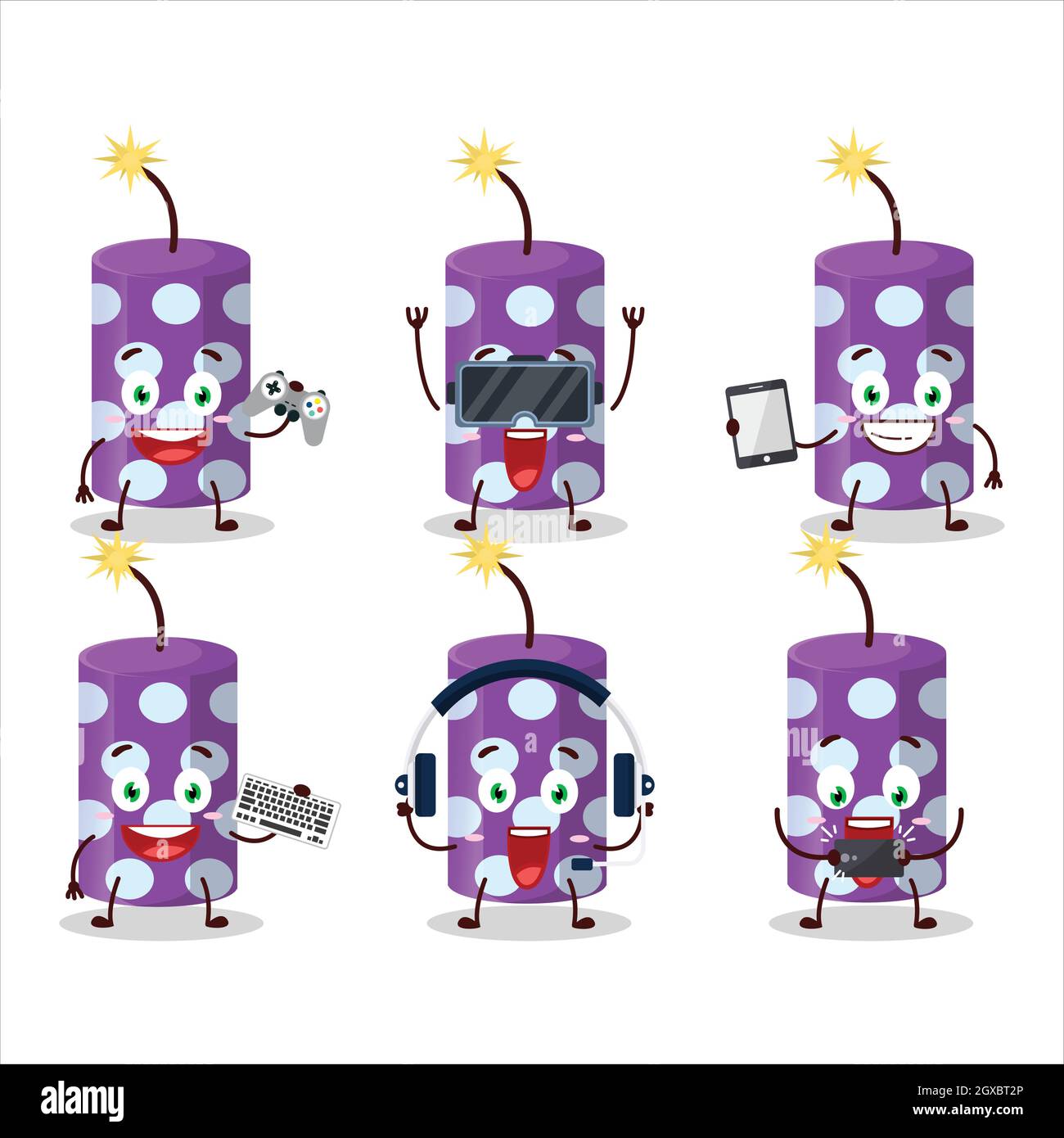 Purple firecracker cartoon character are playing games with various ...