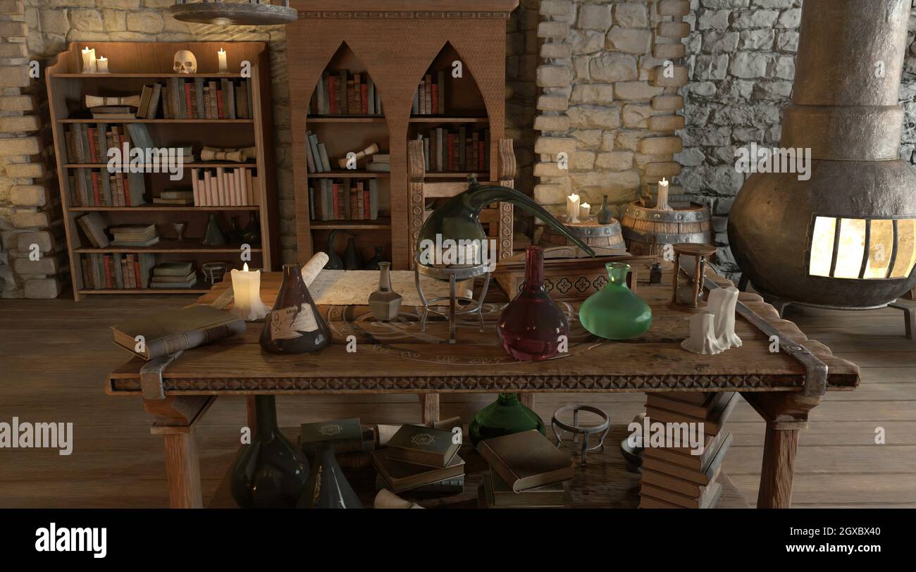 Fantasy alchemist's laboratory 3d illustration Stock Photo - Alamy