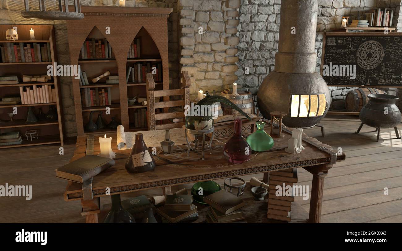 Fantasy alchemist's laboratory 3d illustration Stock Photo - Alamy