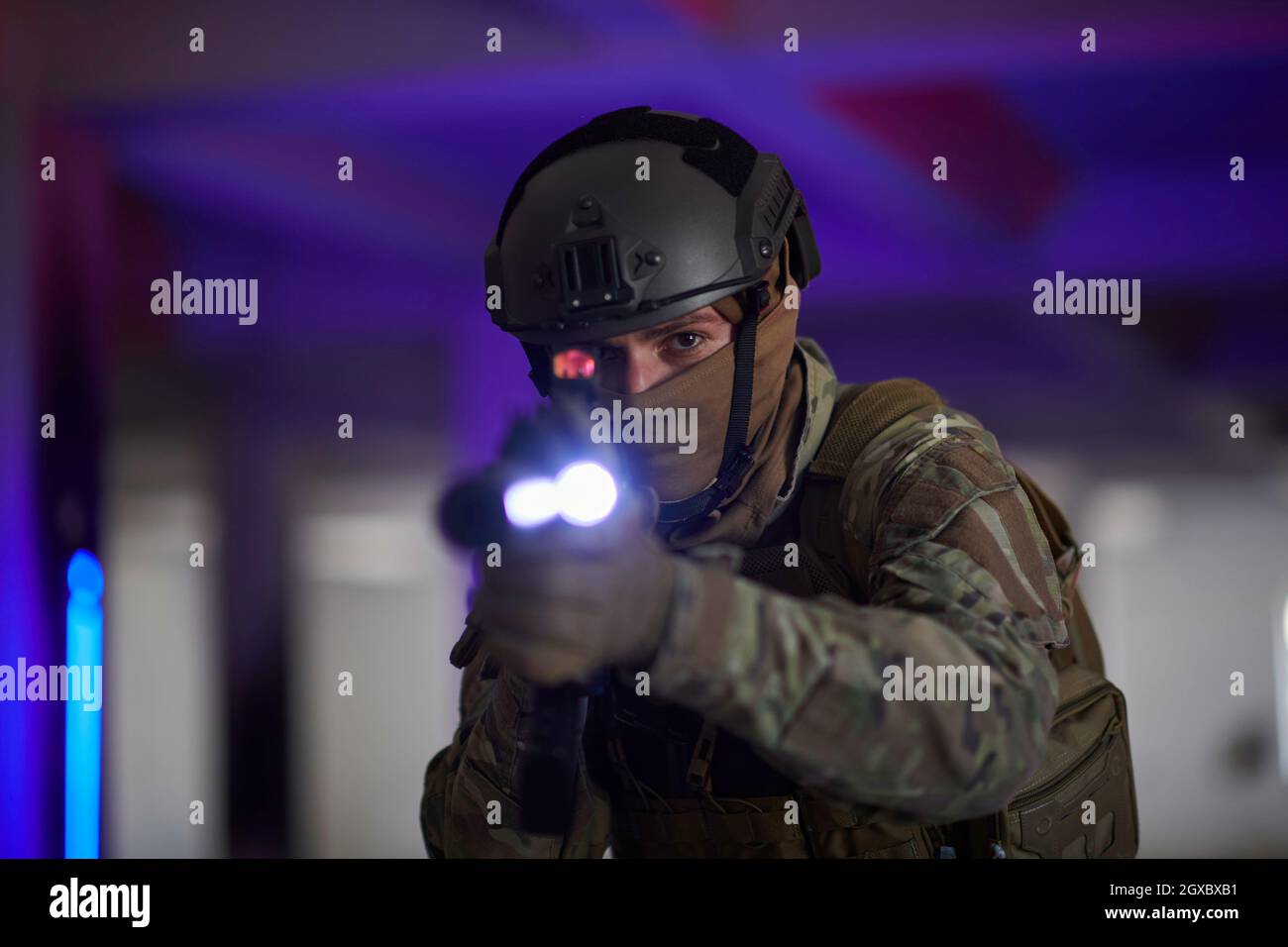 modern warfare soldier in urban environment battlefield aiming on ...