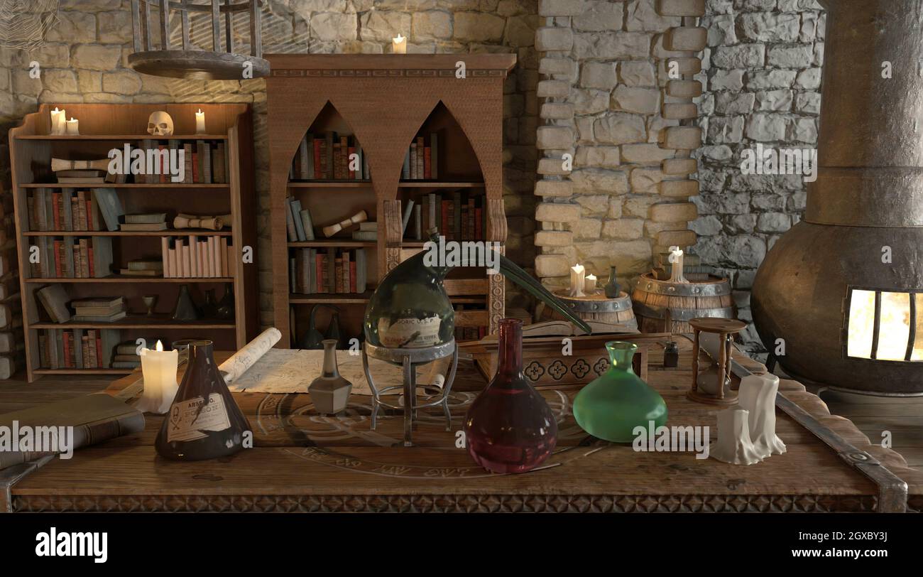 Fantasy alchemist's laboratory 3d illustration Stock Photo - Alamy