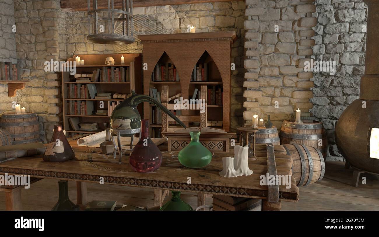 Fantasy alchemist's laboratory 3d illustration Stock Photo - Alamy