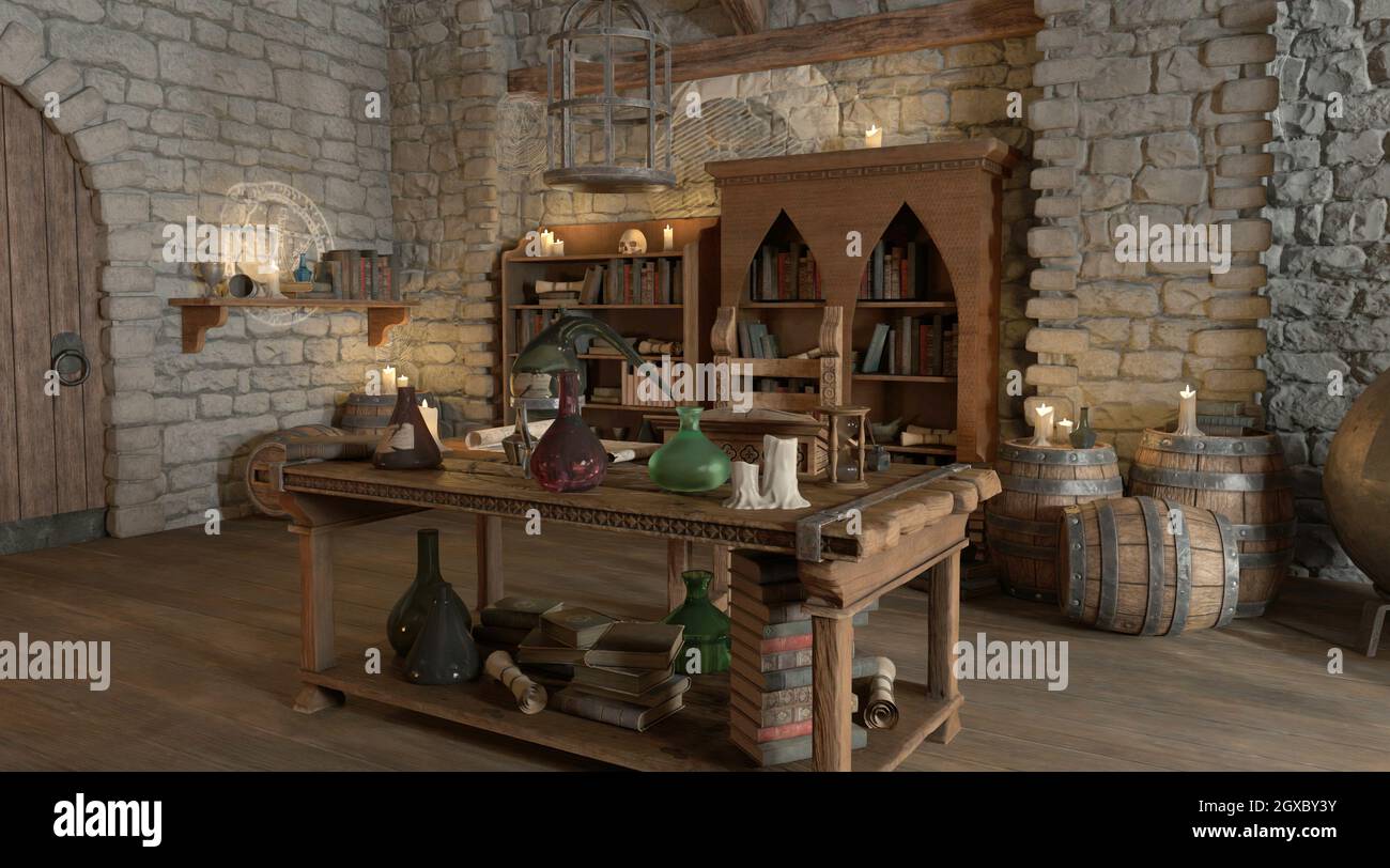 Fantasy alchemist's laboratory 3d illustration Stock Photo - Alamy
