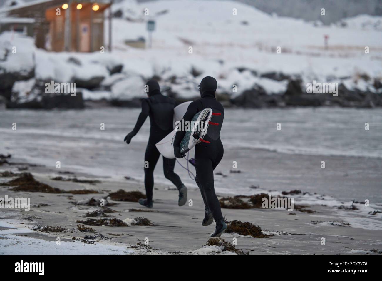 Authentic local Arctic surfers running on snowy beach after surfing in ...