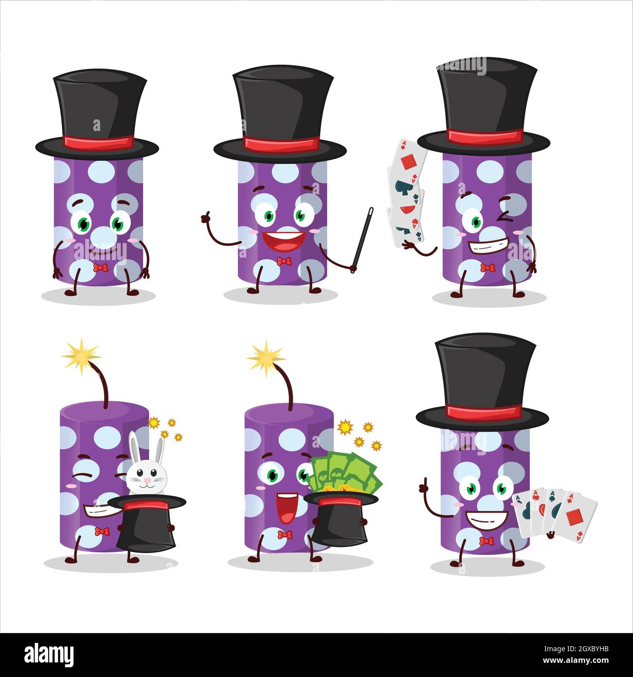 A purple firecracker Magician cartoon character perform on a stage ...