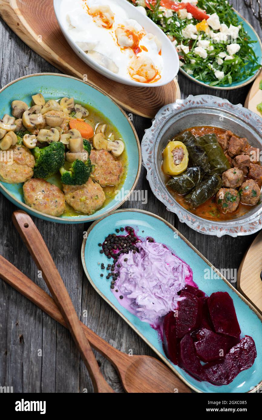 Eid Mubarak Traditional Ramadan Iftar dinner. Assorted tasty food in ...