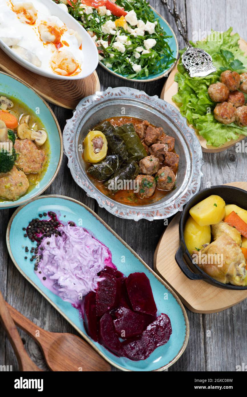 Eid Mubarak Traditional Ramadan Iftar dinner. Assorted tasty food in ...