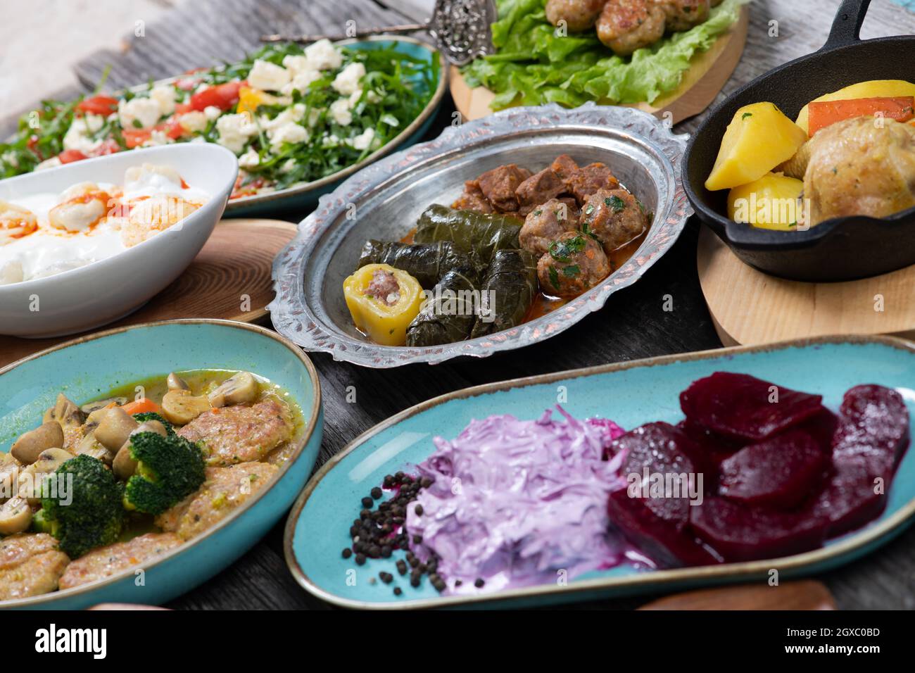Eid Mubarak Traditional Ramadan Iftar dinner. Assorted tasty food in ...