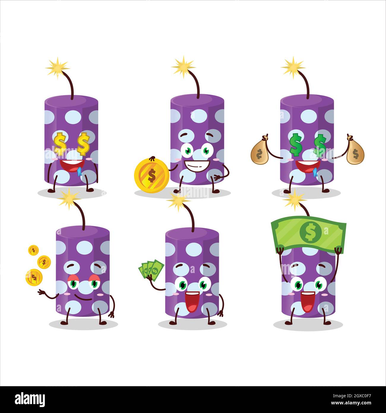 Purple firecracker cartoon character with cute emoticon bring money ...