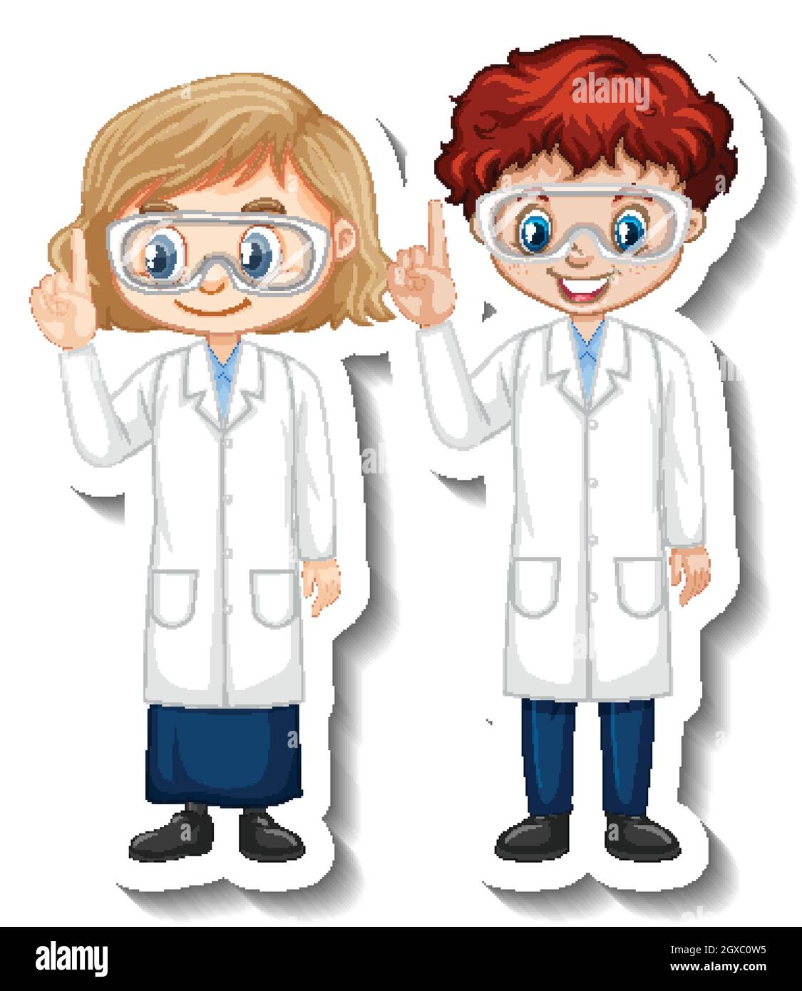 Cartoon character sticker with couple scientists in science gown ...