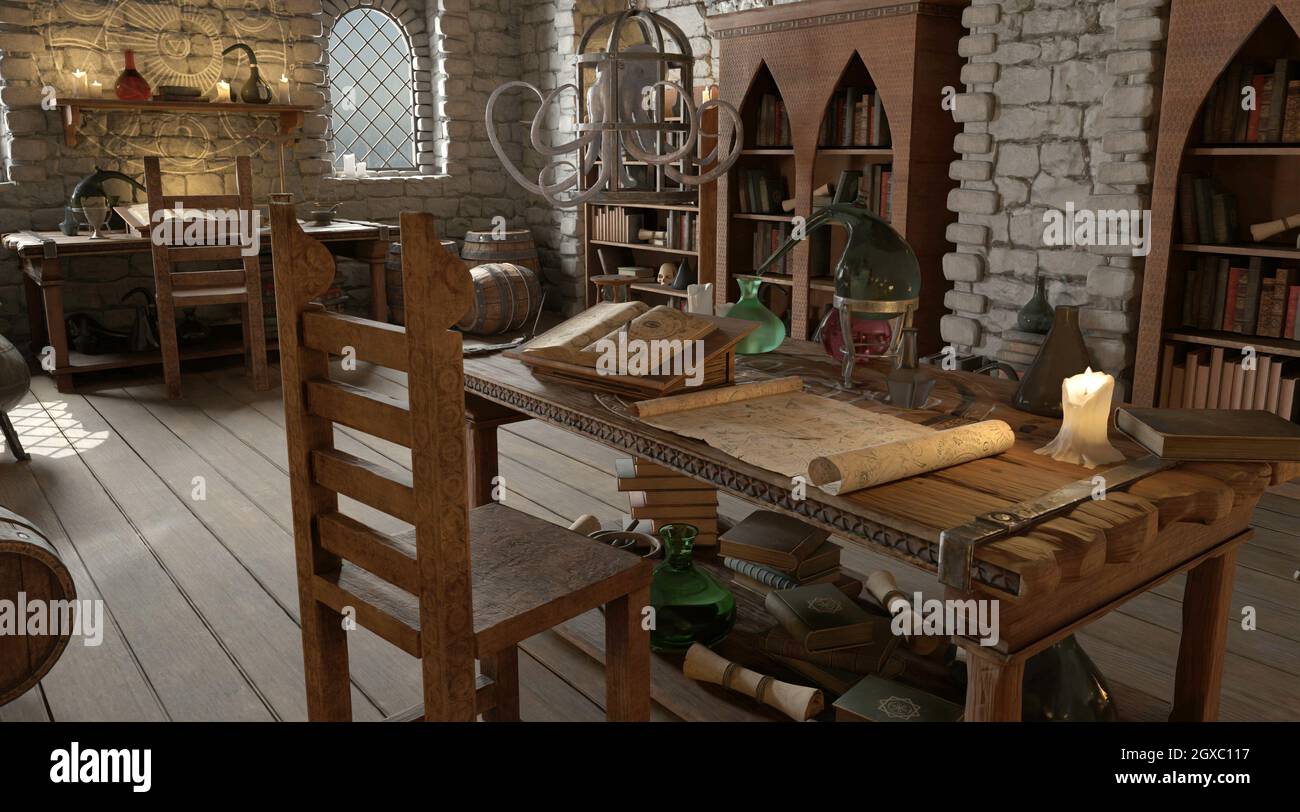 Fantasy alchemist's laboratory 3d illustration Stock Photo - Alamy