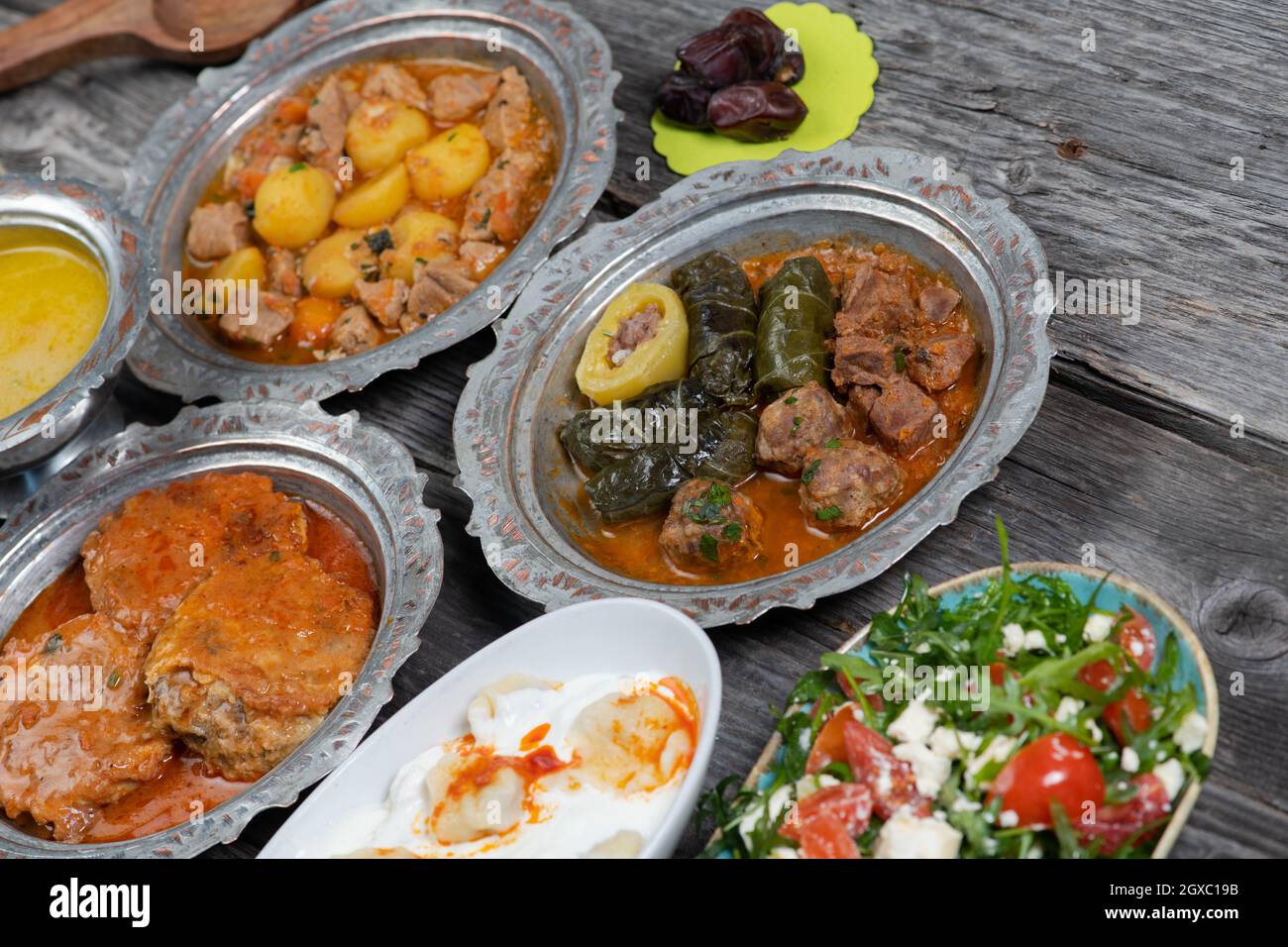 Eid Mubarak Traditional Ramadan Iftar dinner. Assorted tasty food in ...