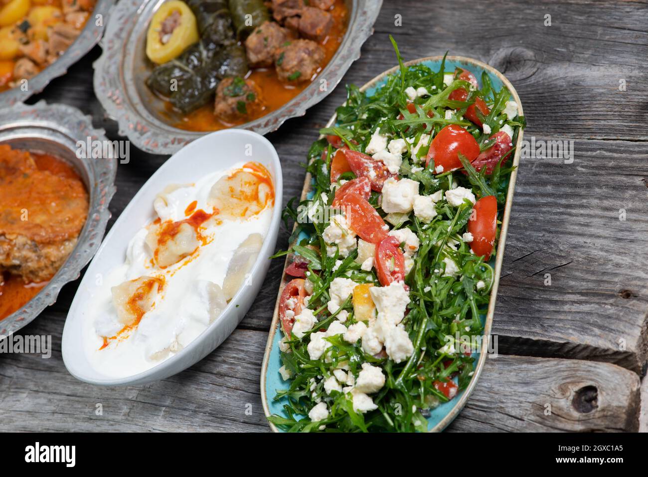Eid Mubarak Traditional Ramadan Iftar dinner. Assorted tasty food in ...