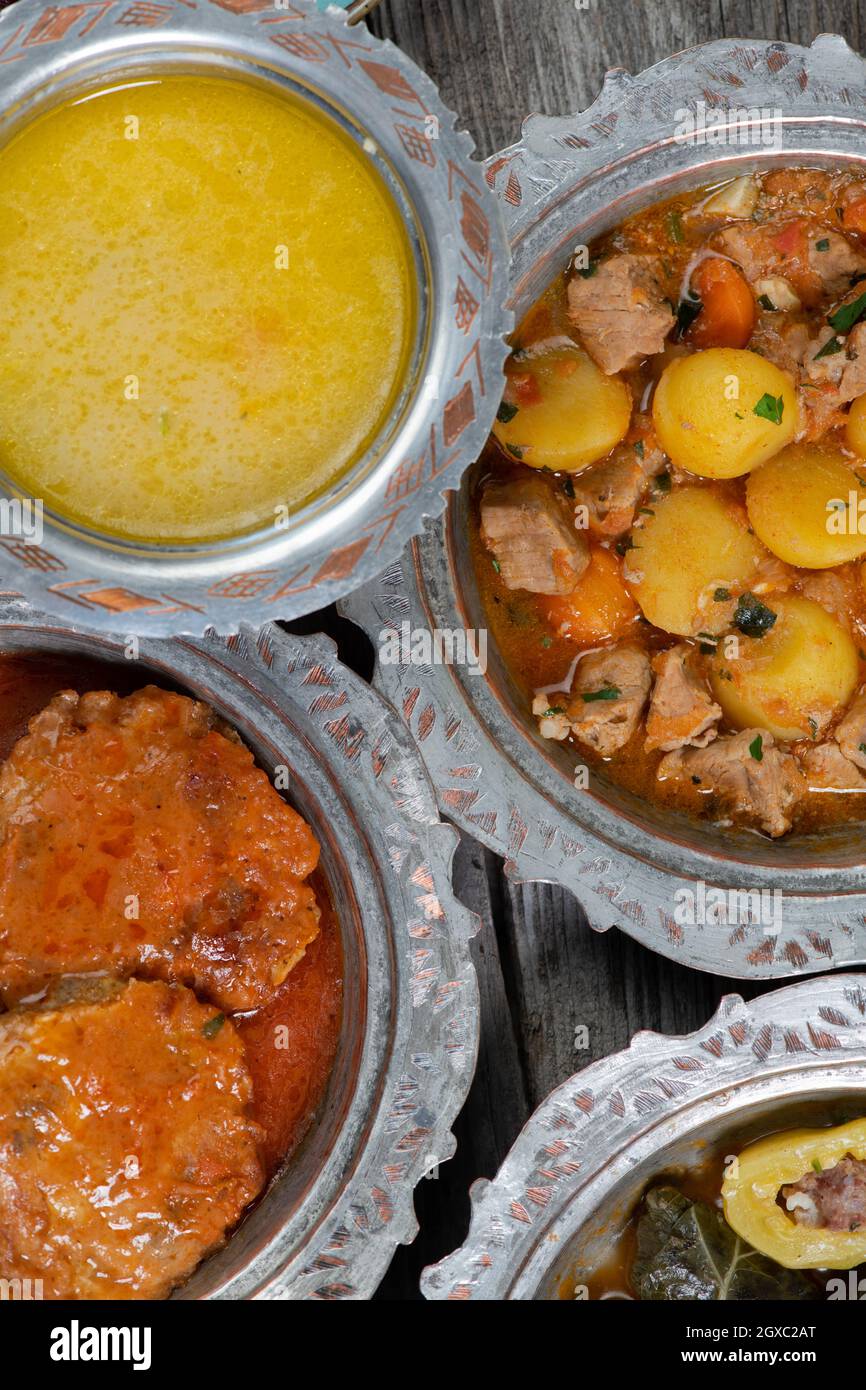 Eid Mubarak Traditional Ramadan Iftar dinner. Assorted tasty food in ...