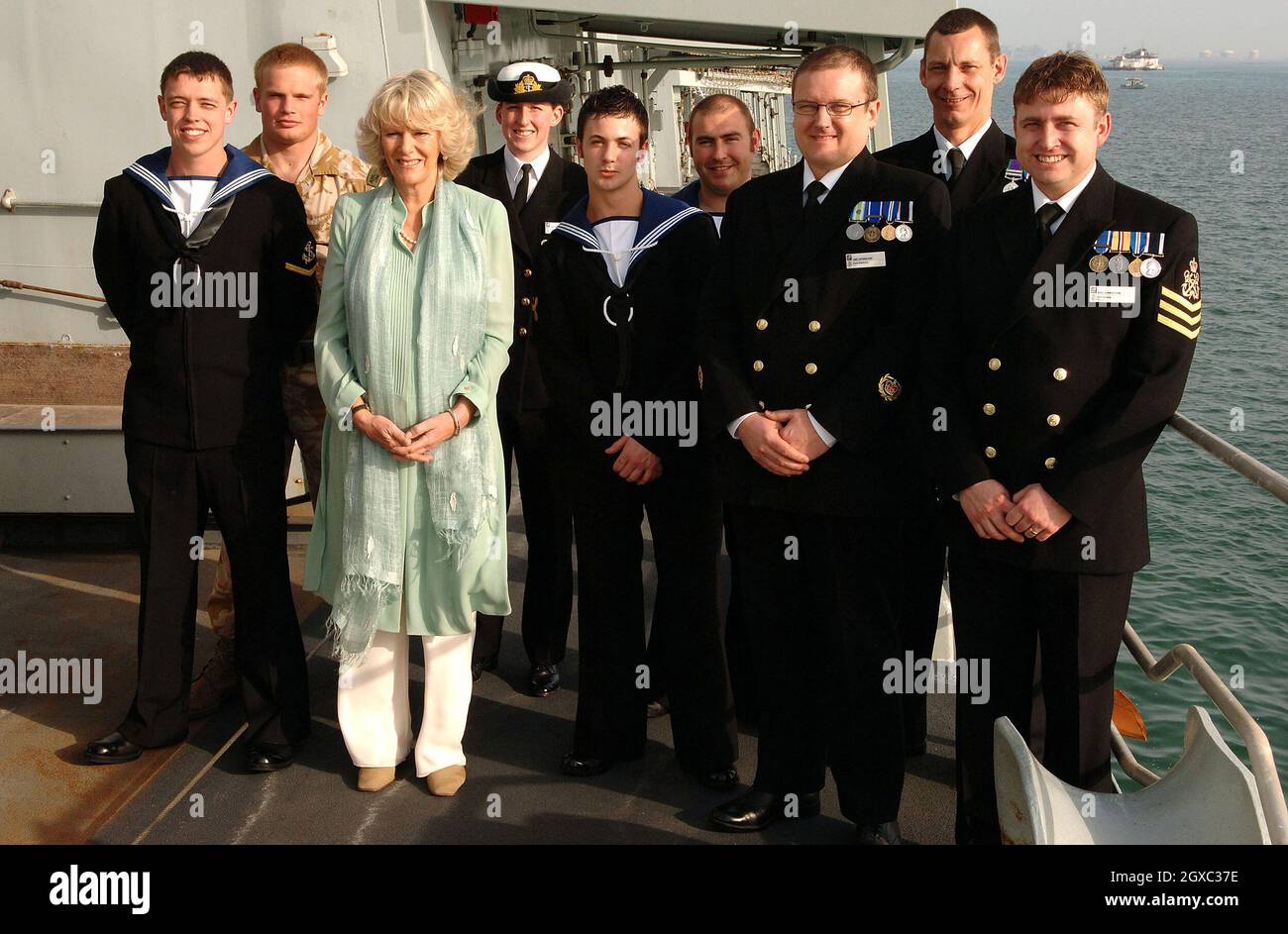 Camilla, Duchess of Cornwall poses with crew members of the Royal Navy ...